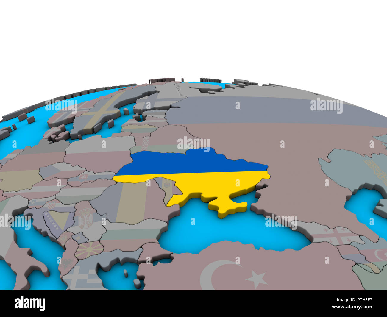 Ukraine with embedded national flag on political 3D globe. 3D ...