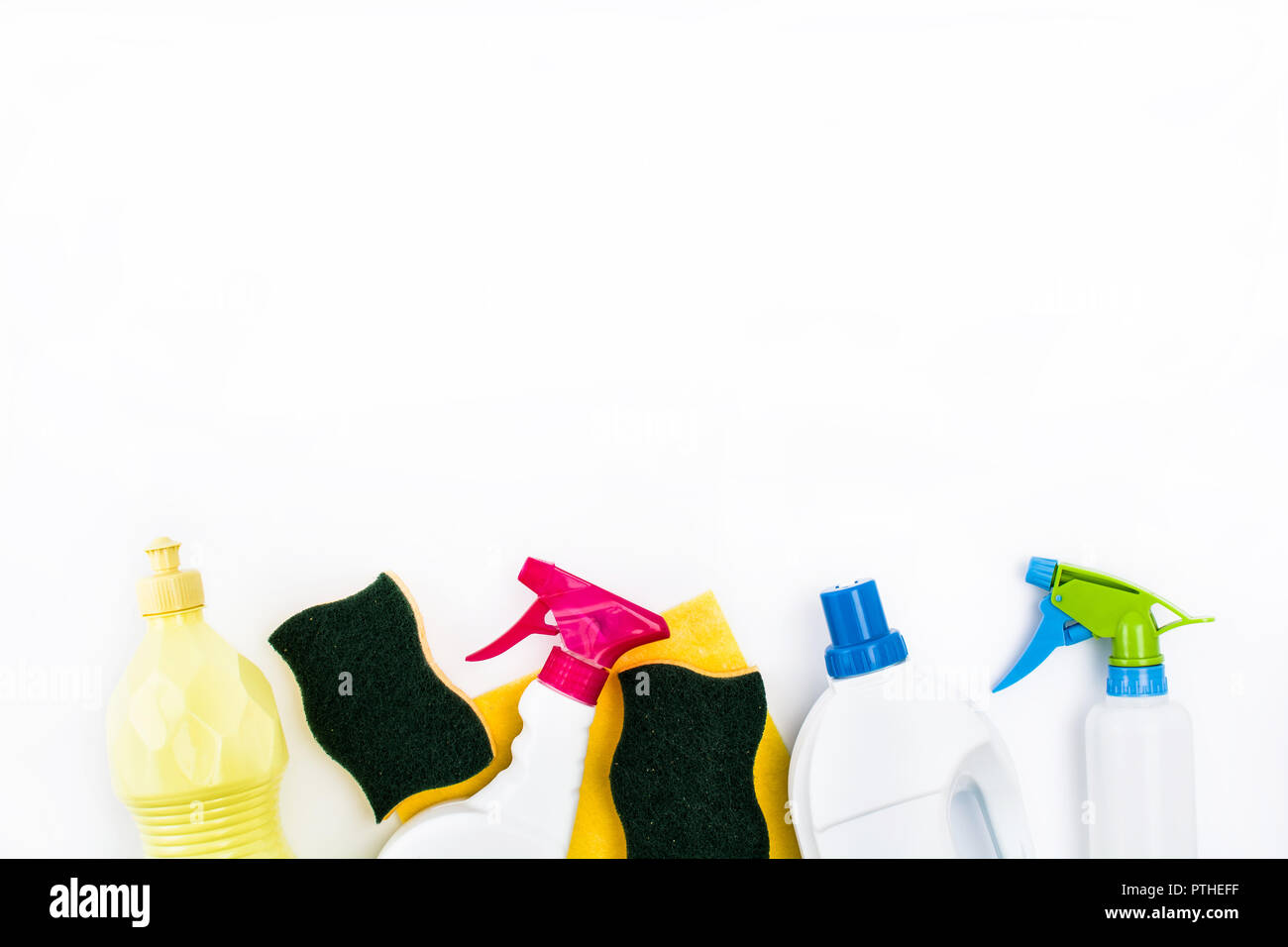 Cleaning products isolated on white background. Top view. Copyspace ...
