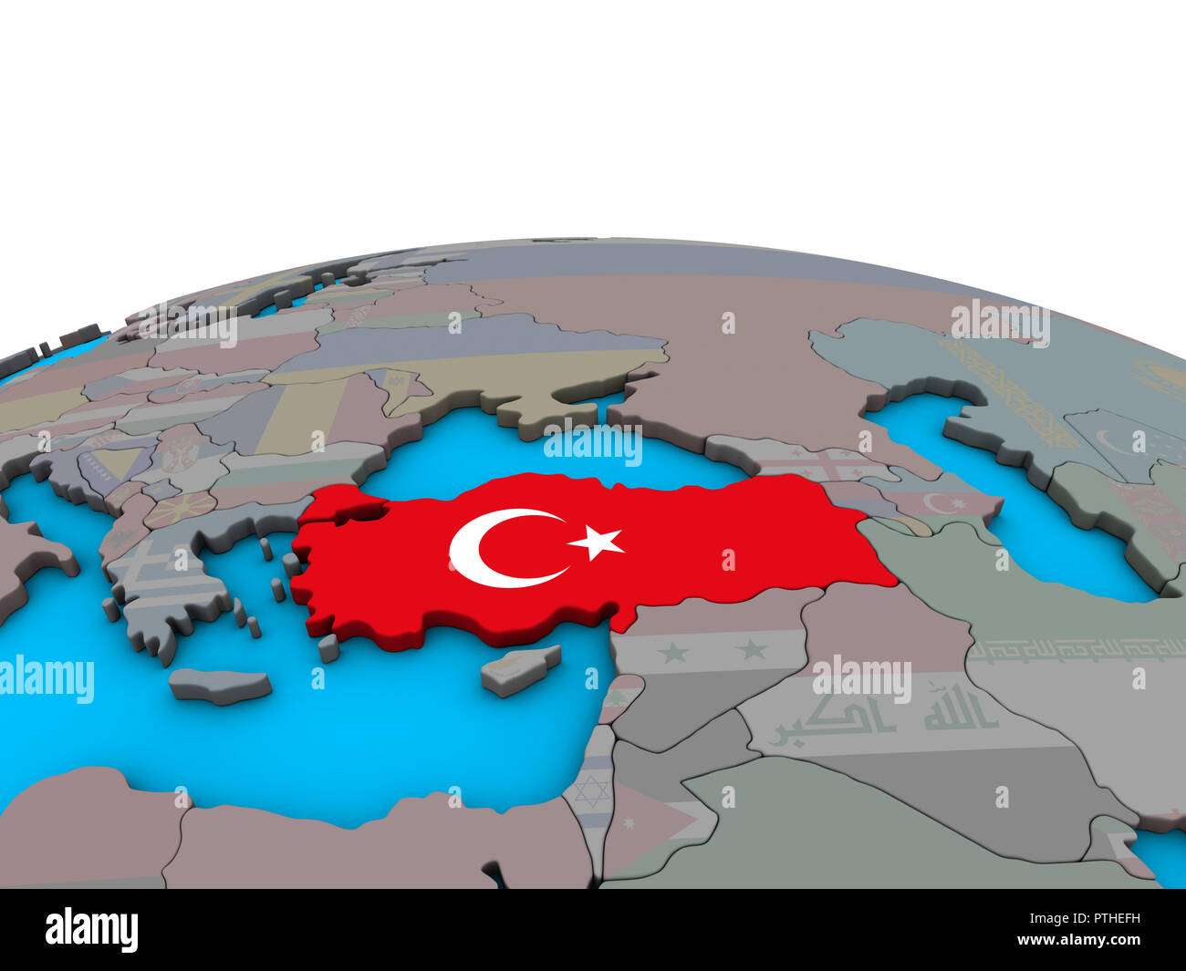 Turkey with embedded national flag on political 3D globe. 3D ...