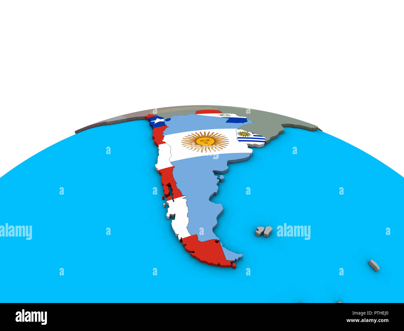 Southern Cone with embedded national flags on political 3D globe. 3D ...