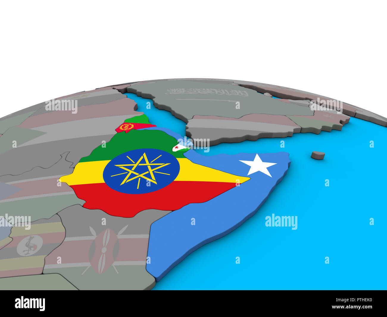 Horn of Africa with embedded national flags on political 3D globe. 3D ...