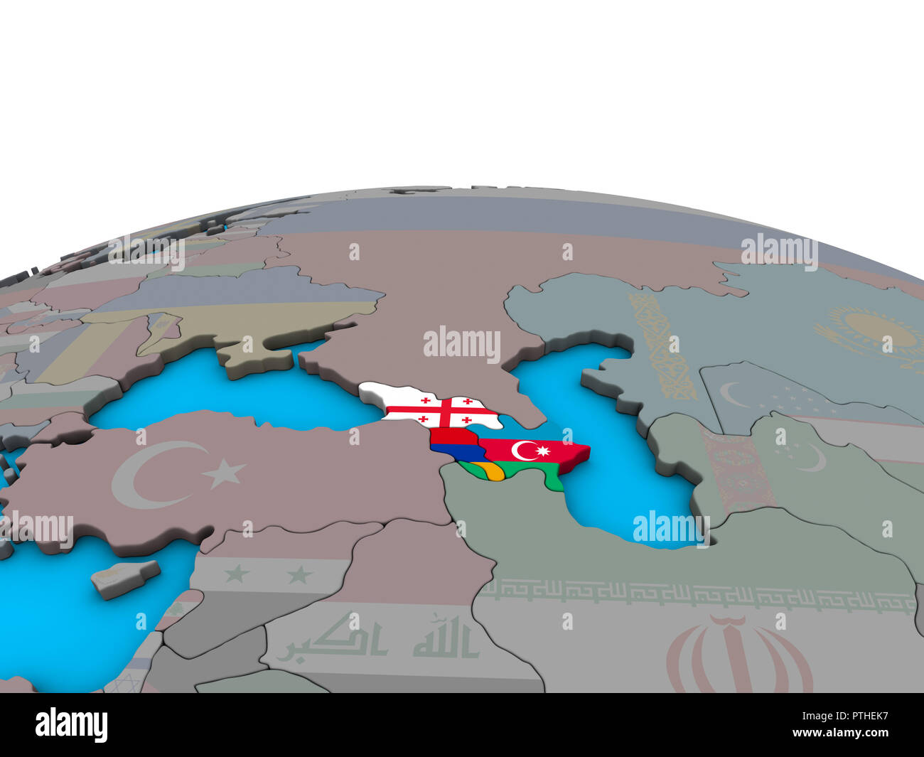 Caucasus region with embedded national flags on political 3D globe. 3D ...