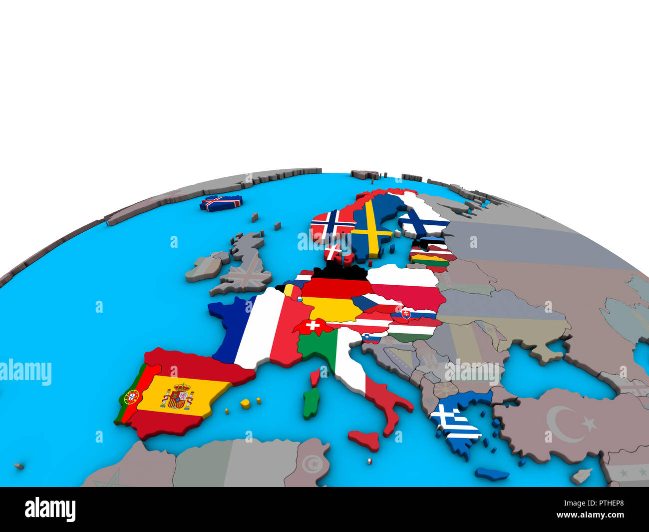 Schengen Area members with embedded national flags on political 3D ...