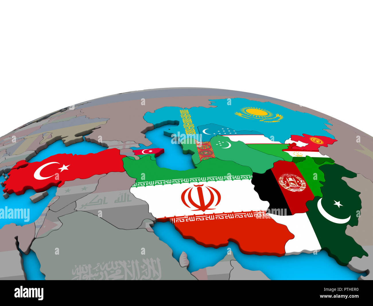 ECO member states with embedded national flags on political 3D globe ...