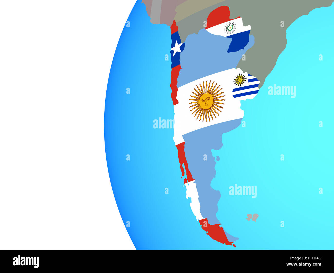Southern Cone with embedded national flags on blue political globe. 3D ...