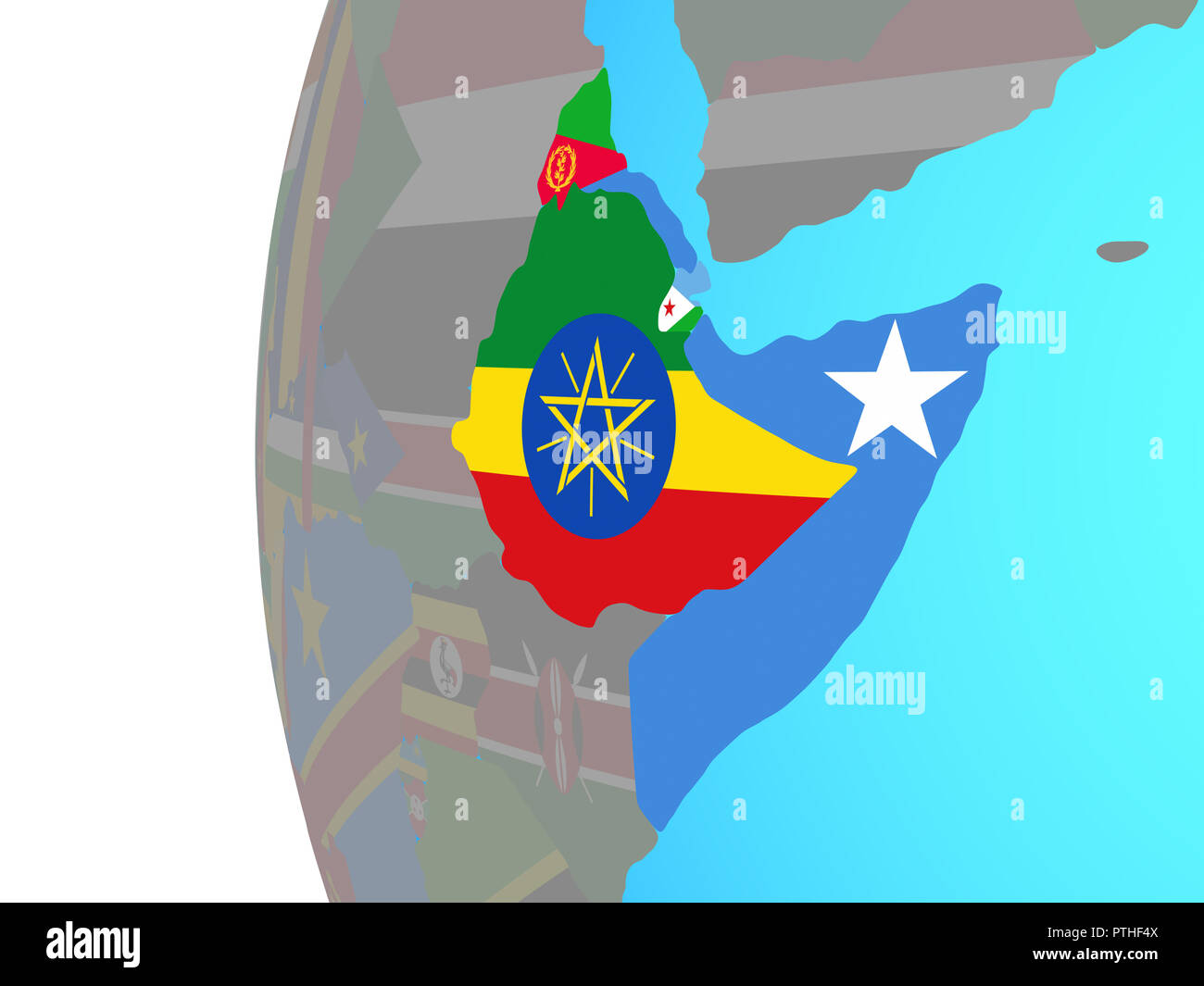 Horn of Africa with embedded national flags on blue political globe. 3D ...