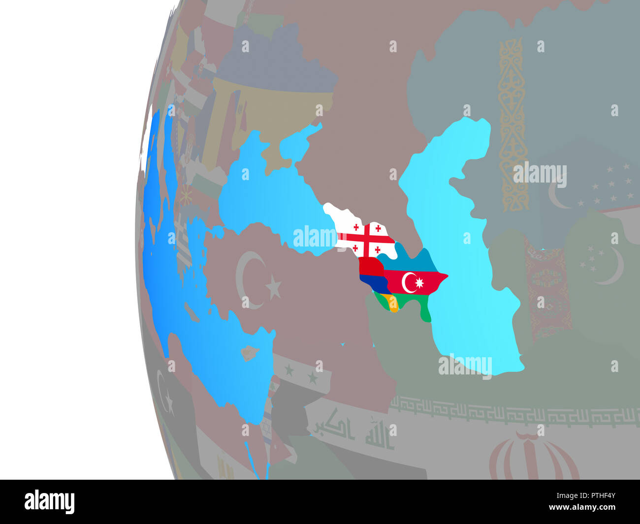 Caucasus region with embedded national flags on blue political globe ...
