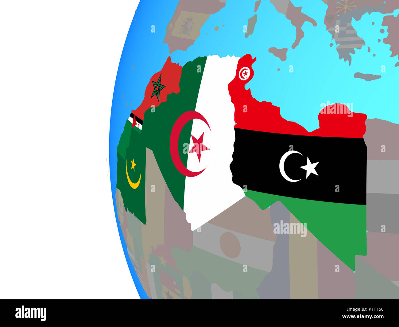 Maghreb region with embedded national flags on blue political globe. 3D ...