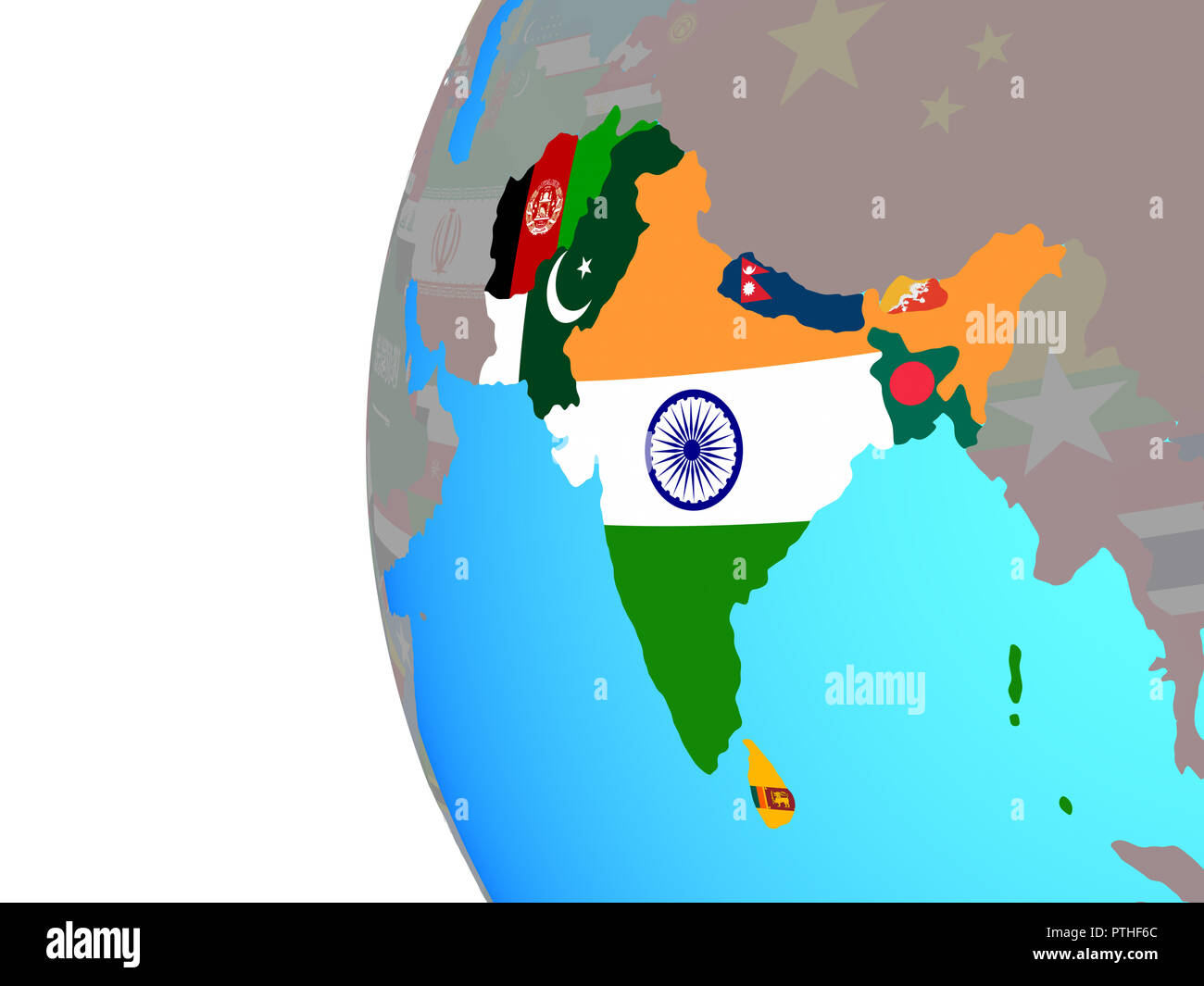 SAARC memeber states with embedded national flags on blue political ...