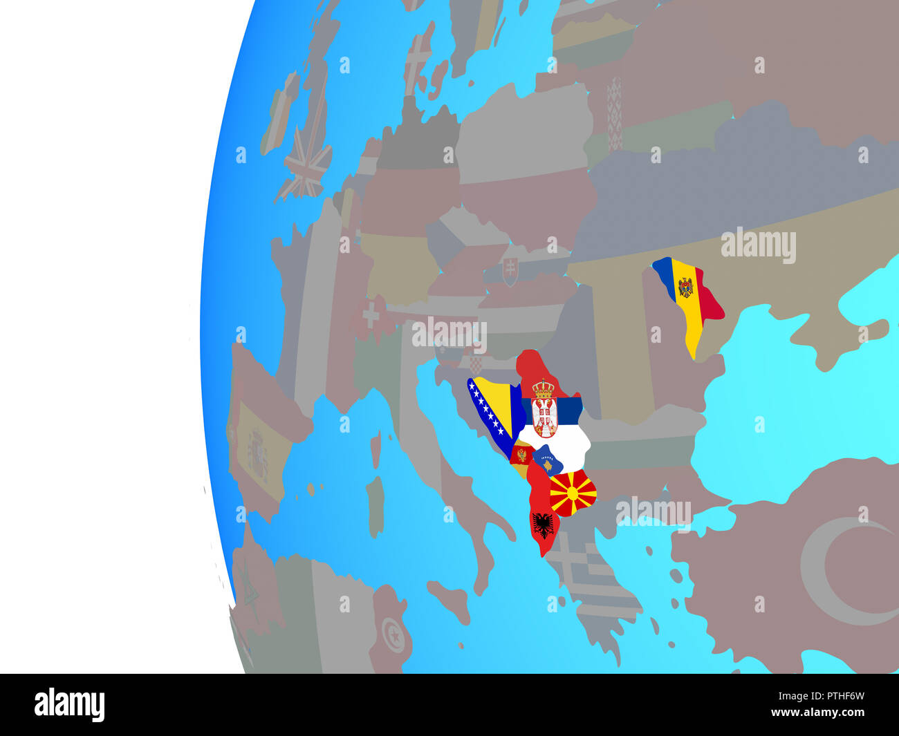 CEFTA countries with embedded national flags on blue political globe ...