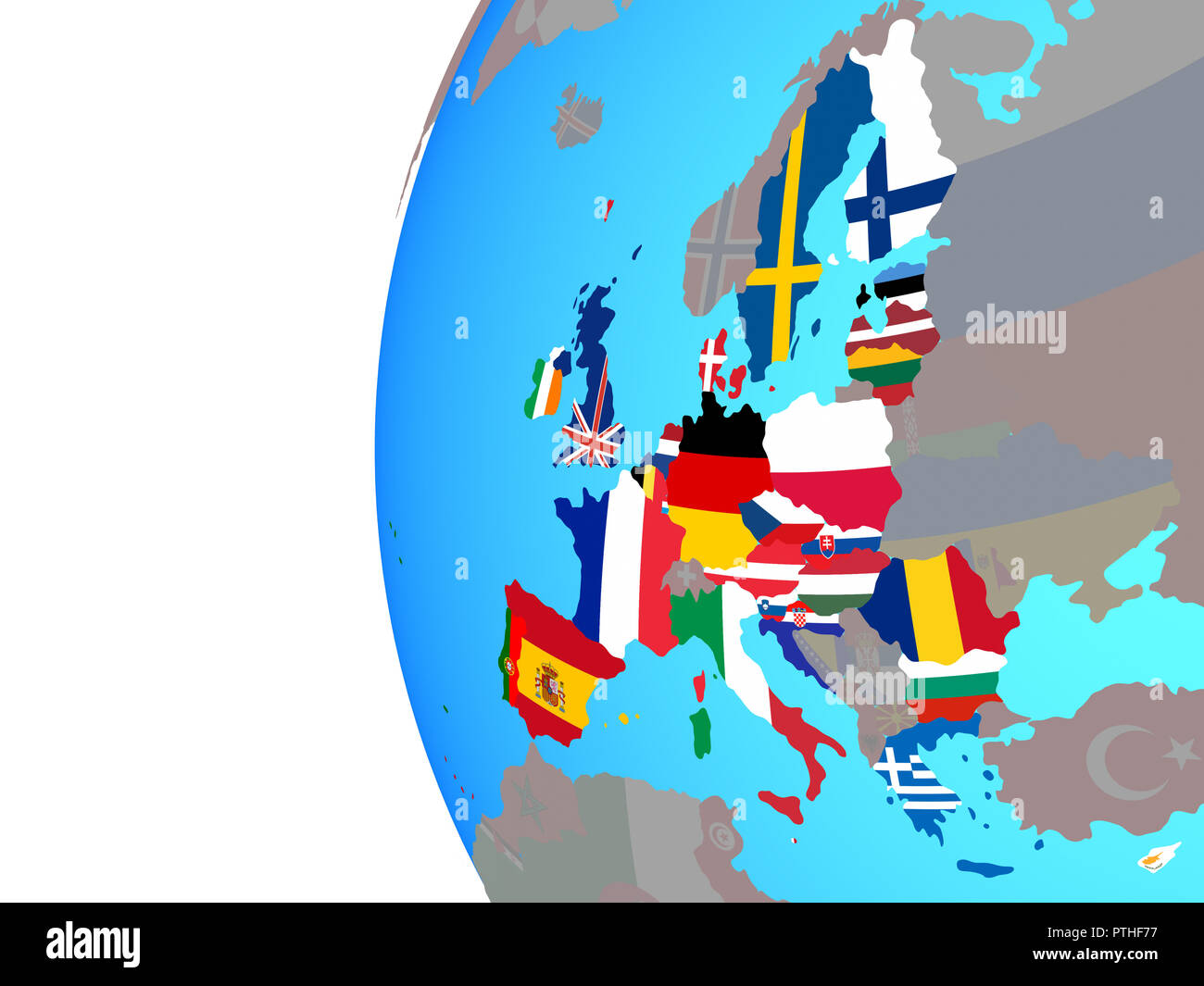 European Union with embedded national flags on blue political globe. 3D ...