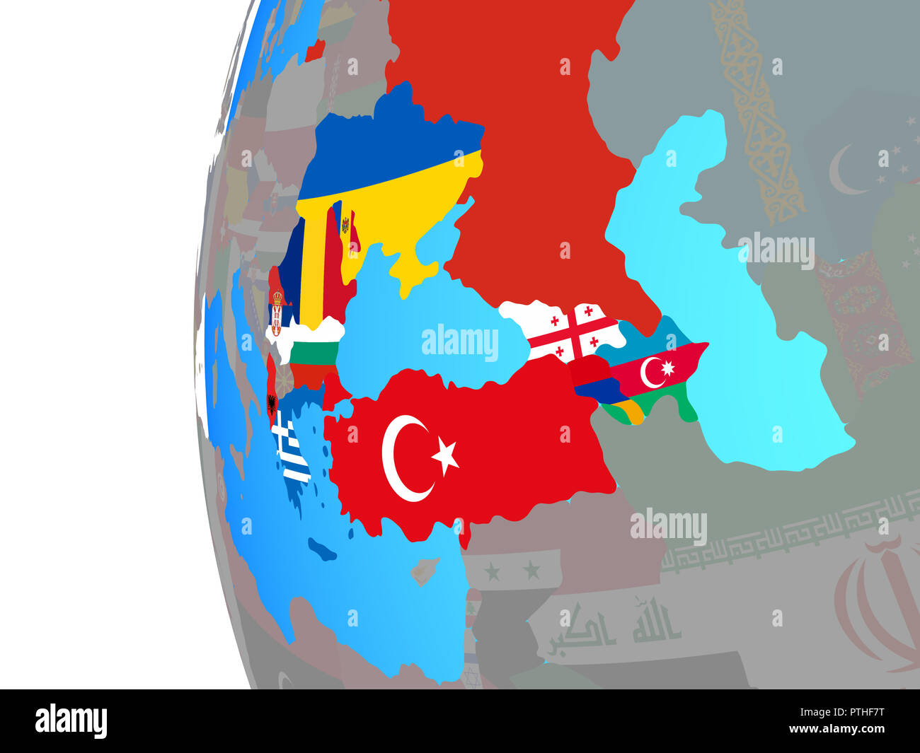 BSEC countries with embedded national flags on blue political globe. 3D ...