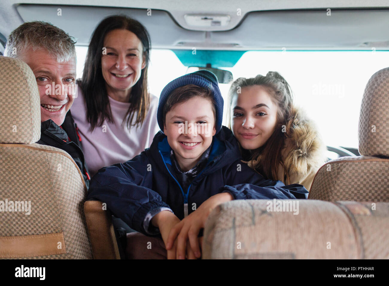 Portrait happy family in motor home Stock Photo - Alamy