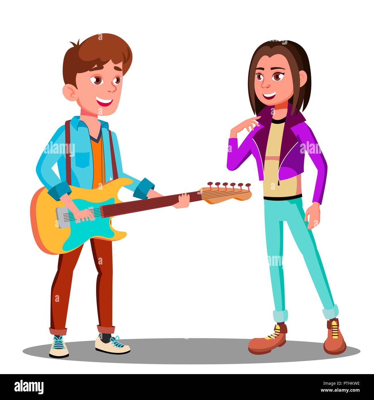 Handsome Young Man Playing Guitar To Beautiful Girl Vector. Isolated ...