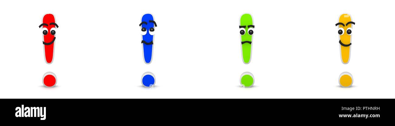 3D Rendering of four funny exclamation marks with different facial ...