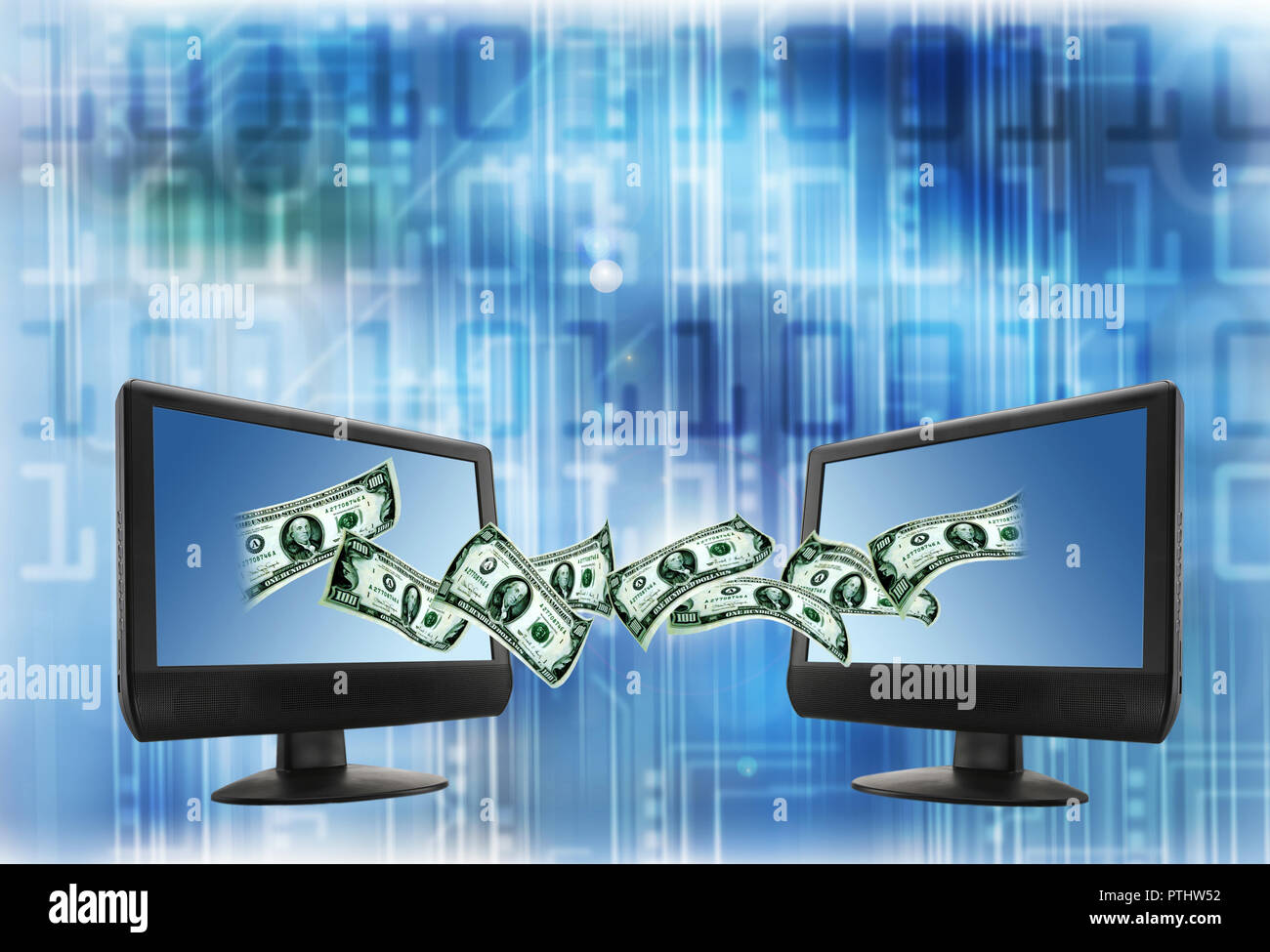 dollars banknotes coming out of a computer monitor, e-banking concept ...