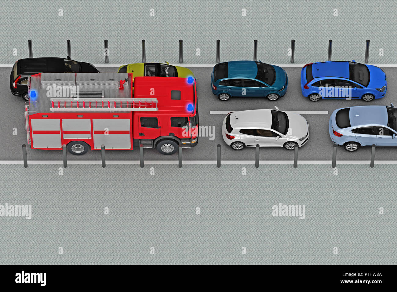 fire engine with flashing lights in traffic jam. 3d rendering Stock ...
