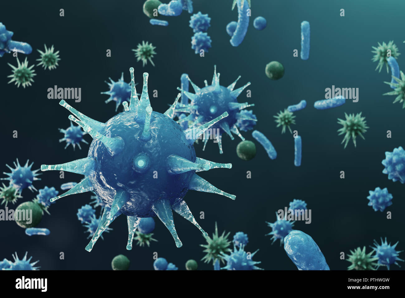 3D illustration Virus backgorund. Viruses influenza, hepatitis, AIDS, E ...