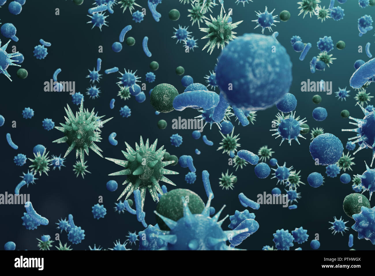 3D illustration Virus backgorund. Viruses influenza, hepatitis, AIDS, E ...