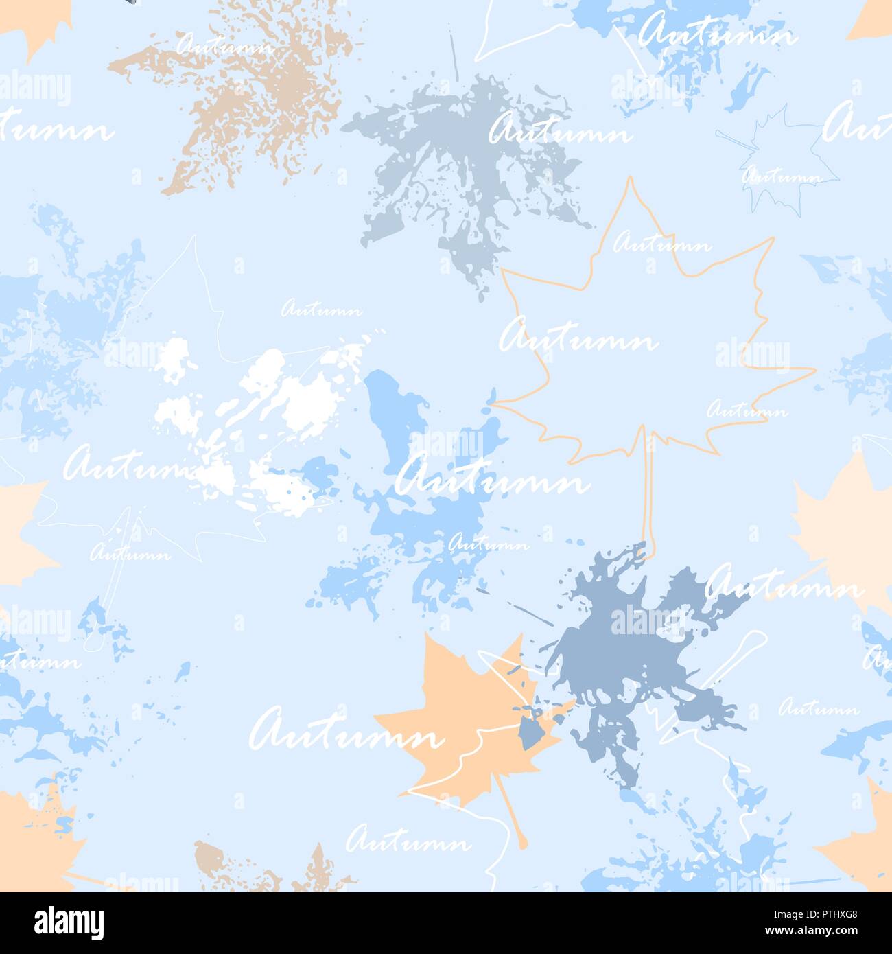 Light seamless pattern with realistic maple leaves imprints. Pastel blue palette. Vector ...