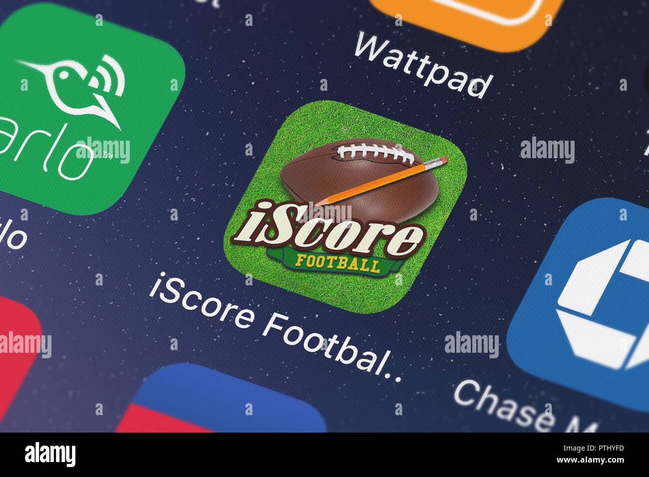 London, United Kingdom - October 09, 2018: Close-up shot of the iScore ...