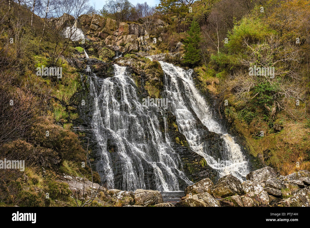 Waterfall Pistyll Rhyd-y-meinciau showing middle section on Afon (river ...