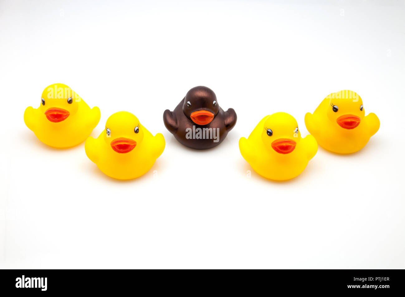 five rubber ducks on white background Stock Photo - Alamy