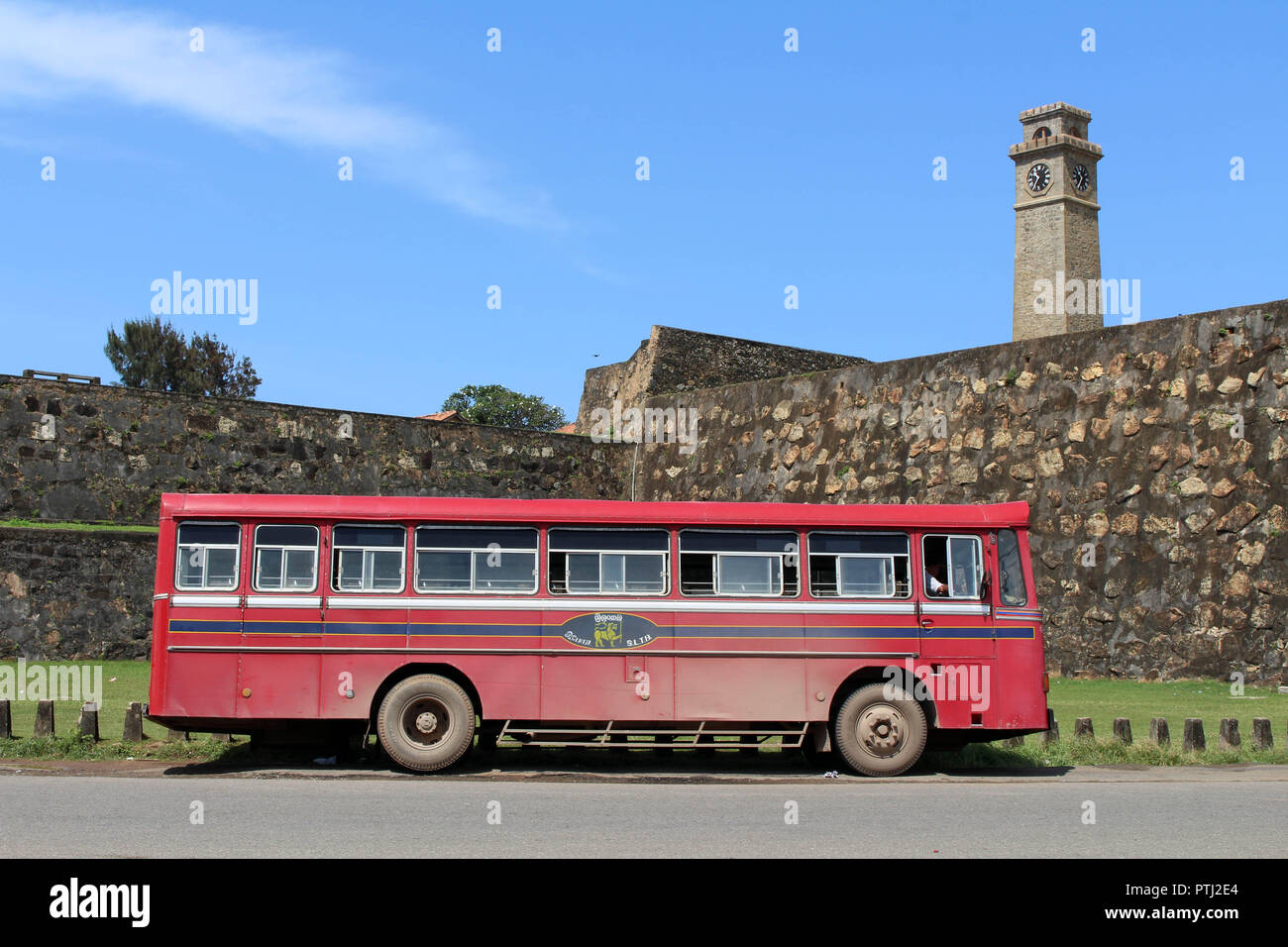 A red bus stopping around Galle Fort. Taken in Sri Lanka, August 2018 ...