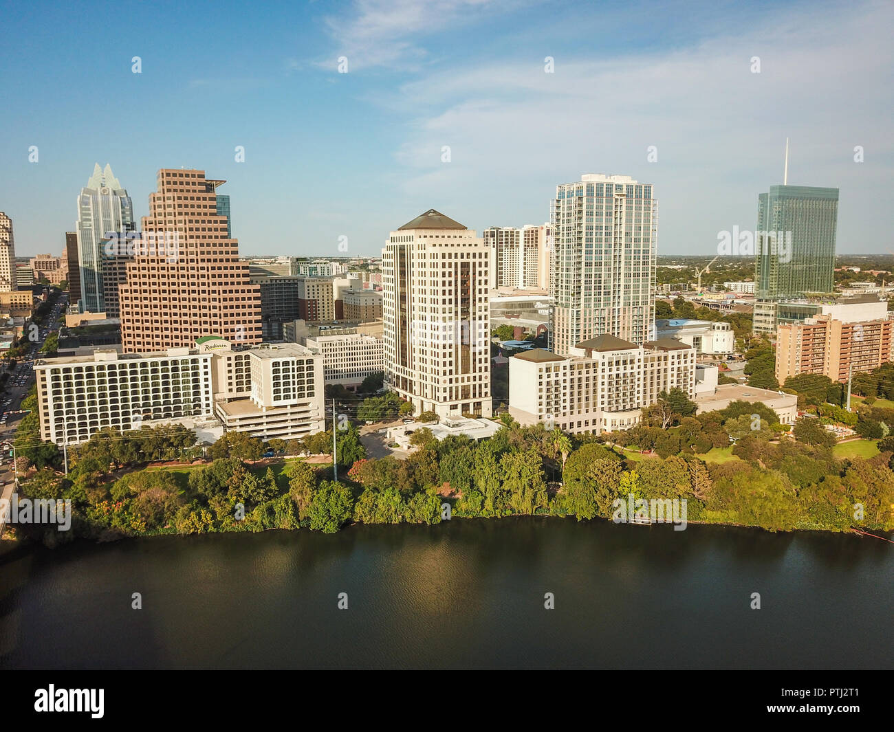 Aerial of Auston Texas from the Congress Avenue Bridge next to the ...