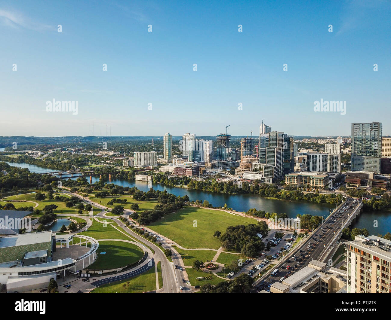 Aerial of Auston Texas from the Congress Avenue Bridge next to the ...