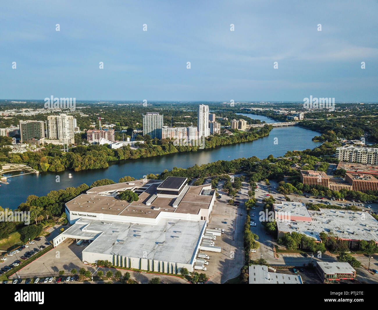 Aerial of Auston Texas from the Congress Avenue Bridge next to the ...