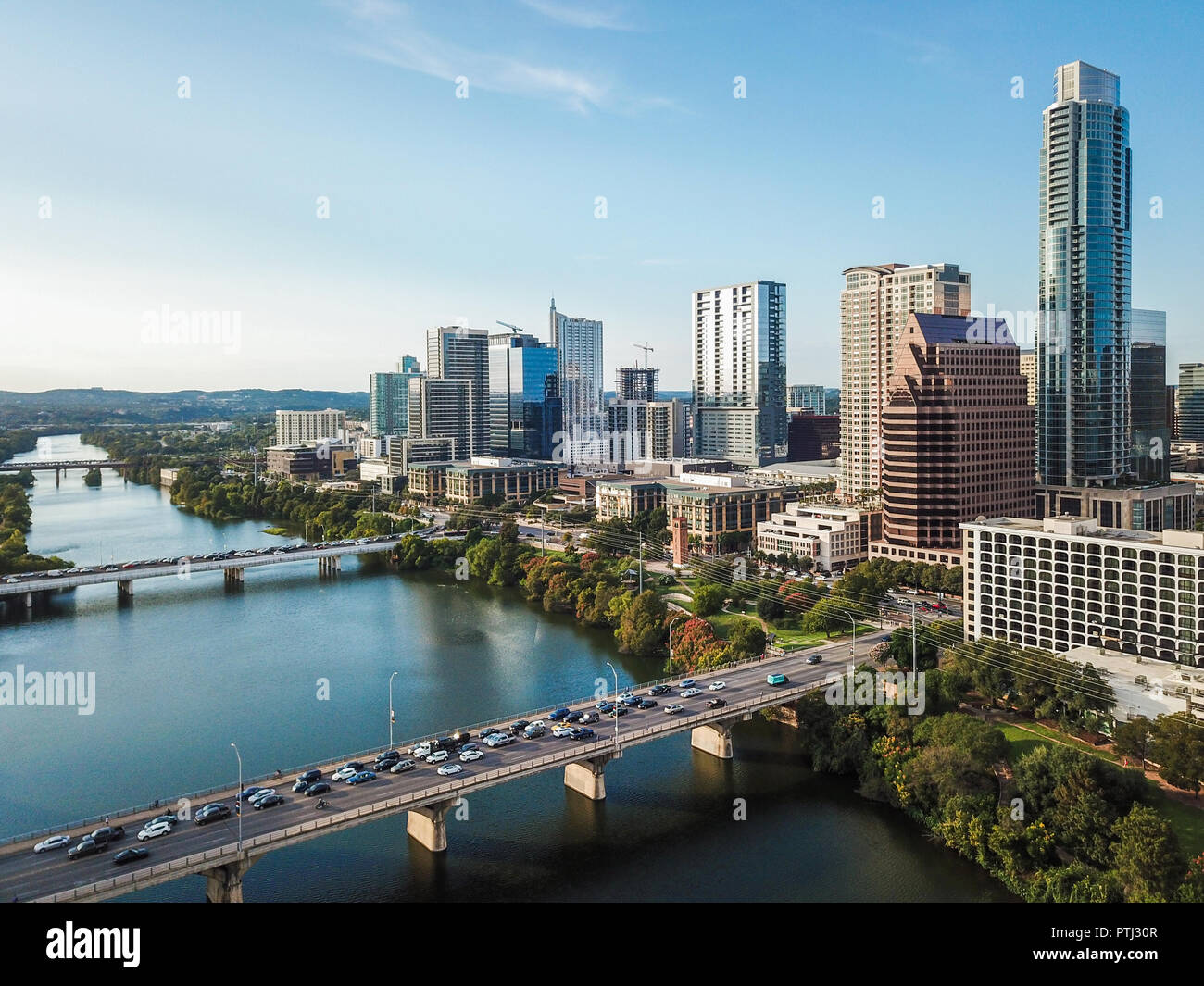 Aerial of Auston Texas from the Congress Avenue Bridge next to the ...