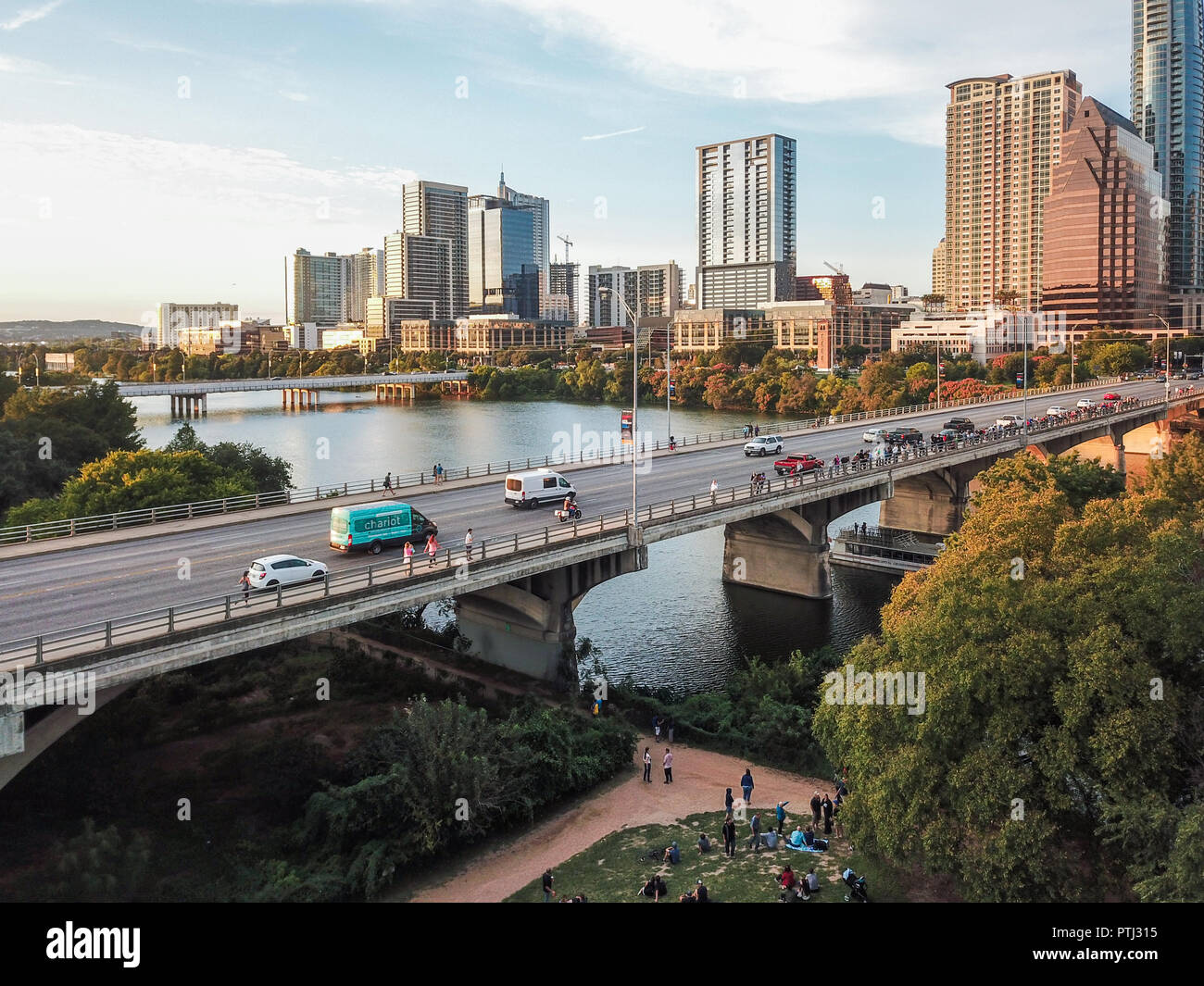 Aerial of Auston Texas from the Congress Avenue Bridge next to the ...