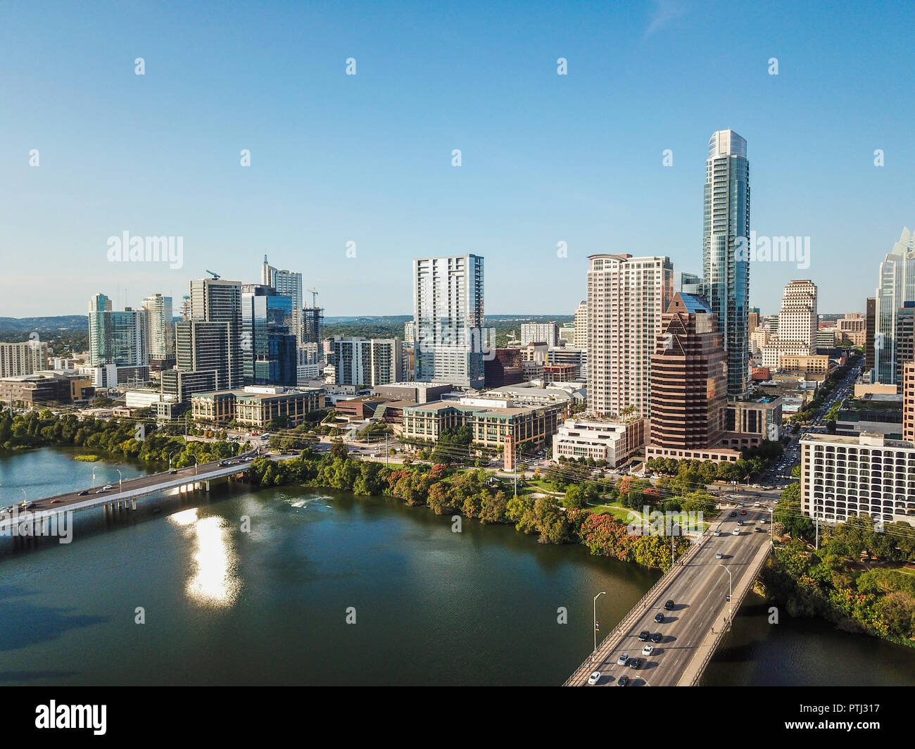 Aerial of Auston Texas from the Congress Avenue Bridge next to the ...