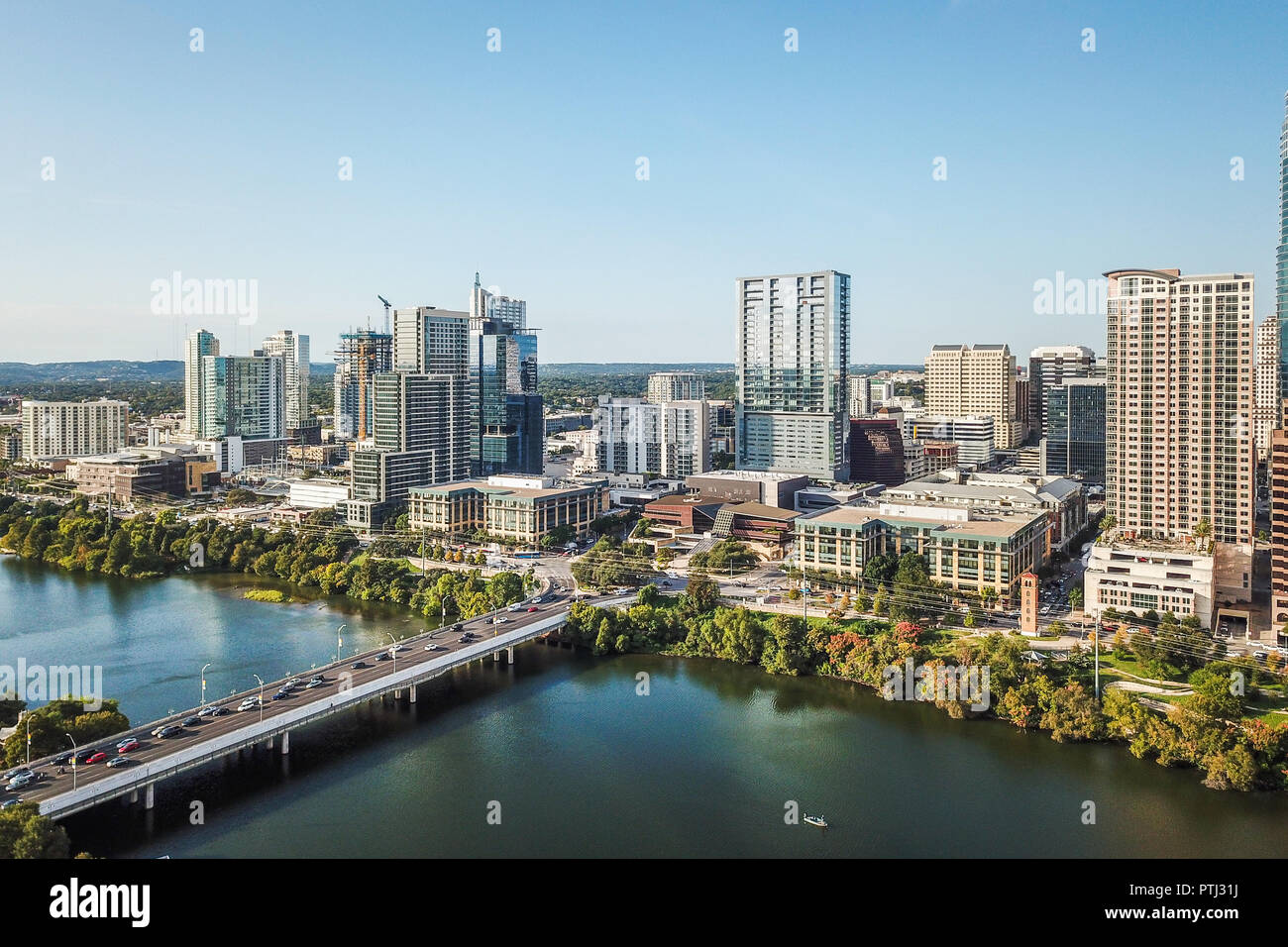 Aerial of Auston Texas from the Congress Avenue Bridge next to the ...