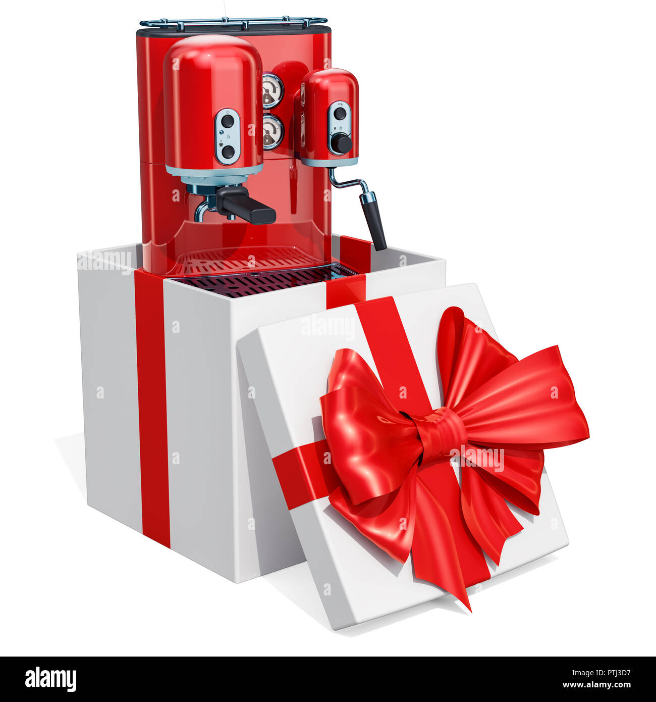 Coffeemaker, coffee machine oven inside gift box. 3D rendering isolated ...