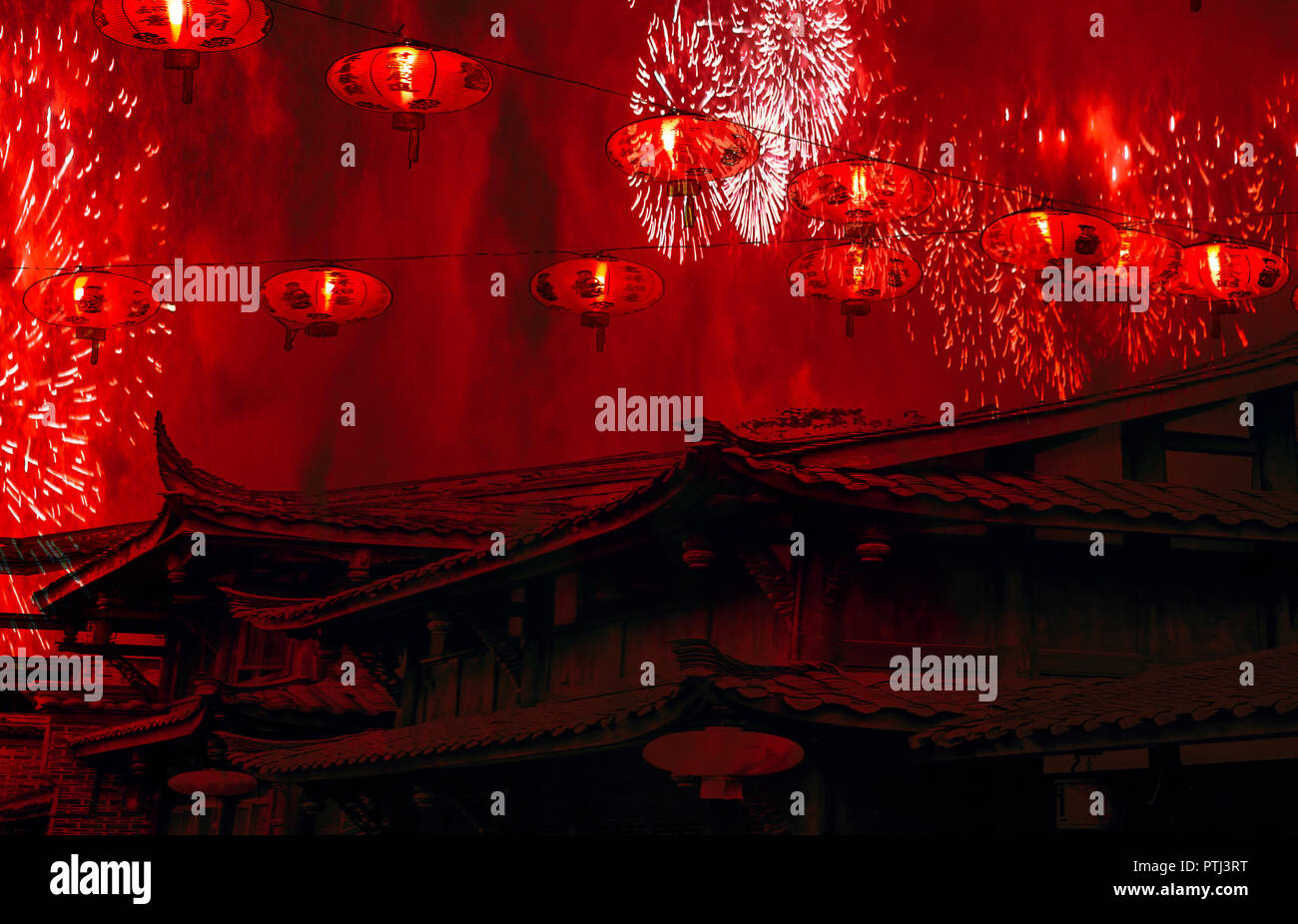 Chinese new year celebration chinese rooftops with lanterns in the sky ...