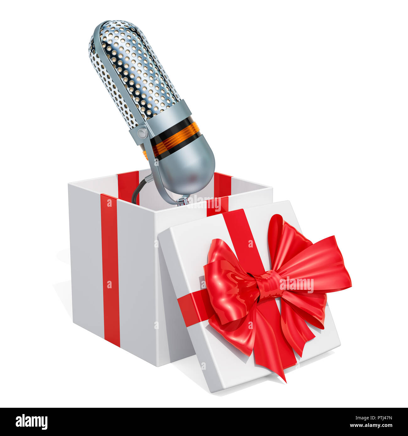 Gift box with retro microphone, 3D rendering isolated on white ...