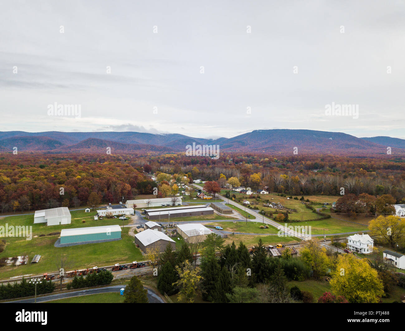 Aerial of the small town of Elkton, Virginia in the Shenandoah Valley ...