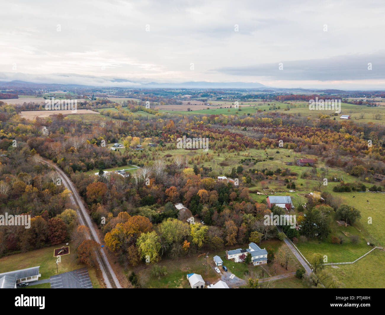 Aerial of the small town of Elkton, Virginia in the Shenandoah Valley ...