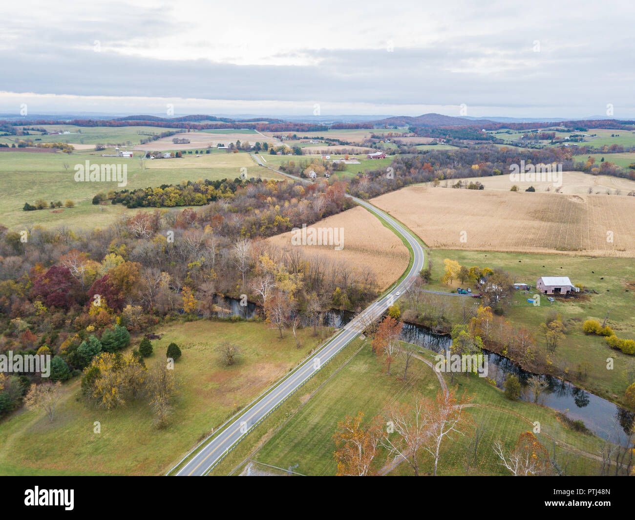 Aerial of the small town of Elkton, Virginia in the Shenandoah Valley ...