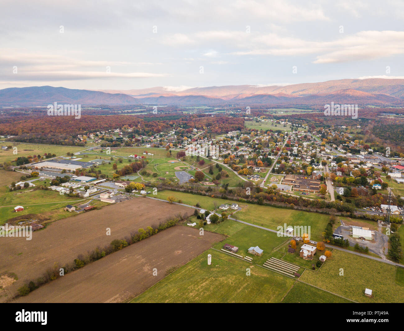 Aerial of the small town of Elkton, Virginia in the Shenandoah Valley ...
