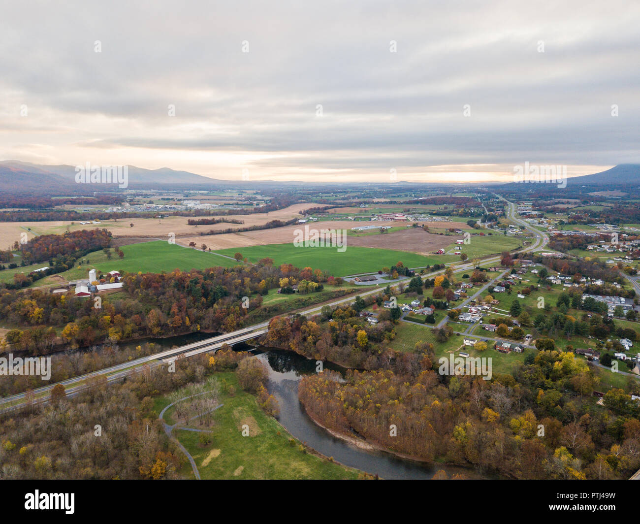 Aerial of the small town of Elkton, Virginia in the Shenandoah Valley ...