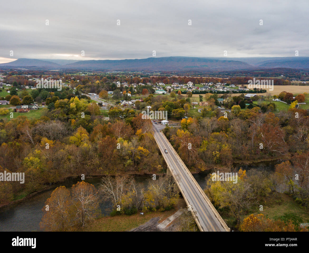 Aerial of the small town of Elkton, Virginia in the Shenandoah Valley ...