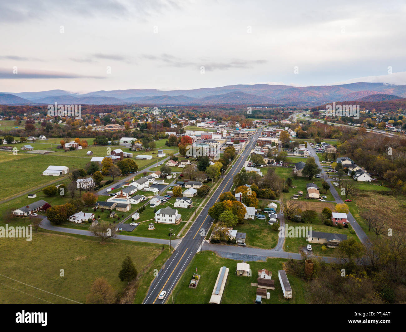 Aerial of the small town of Elkton, Virginia in the Shenandoah Valley ...