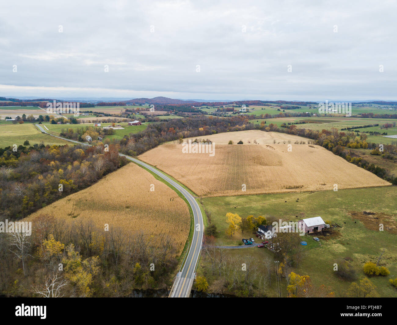 Aerial of the small town of Elkton, Virginia in the Shenandoah Valley ...