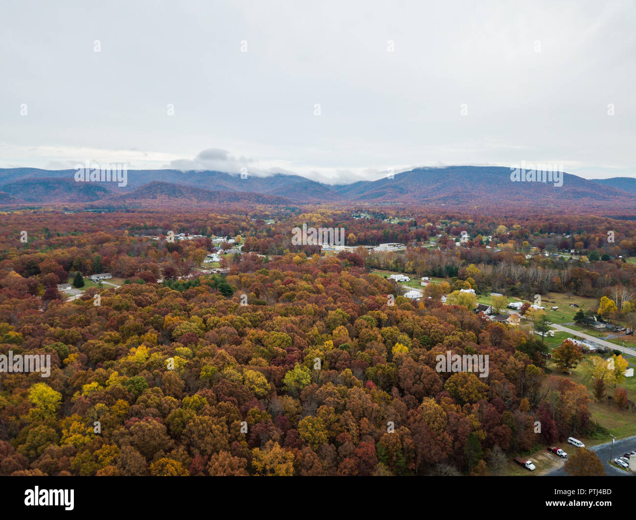 Aerial of the small town of Elkton, Virginia in the Shenandoah Valley ...