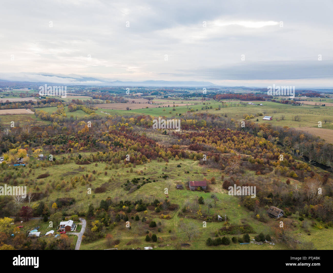 Aerial of the small town of Elkton, Virginia in the Shenandoah Valley ...