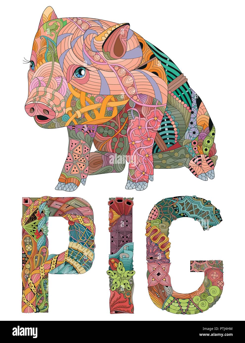 Zentangle illustration with pig. Zen tangle or doodle piglet. Piggy ...