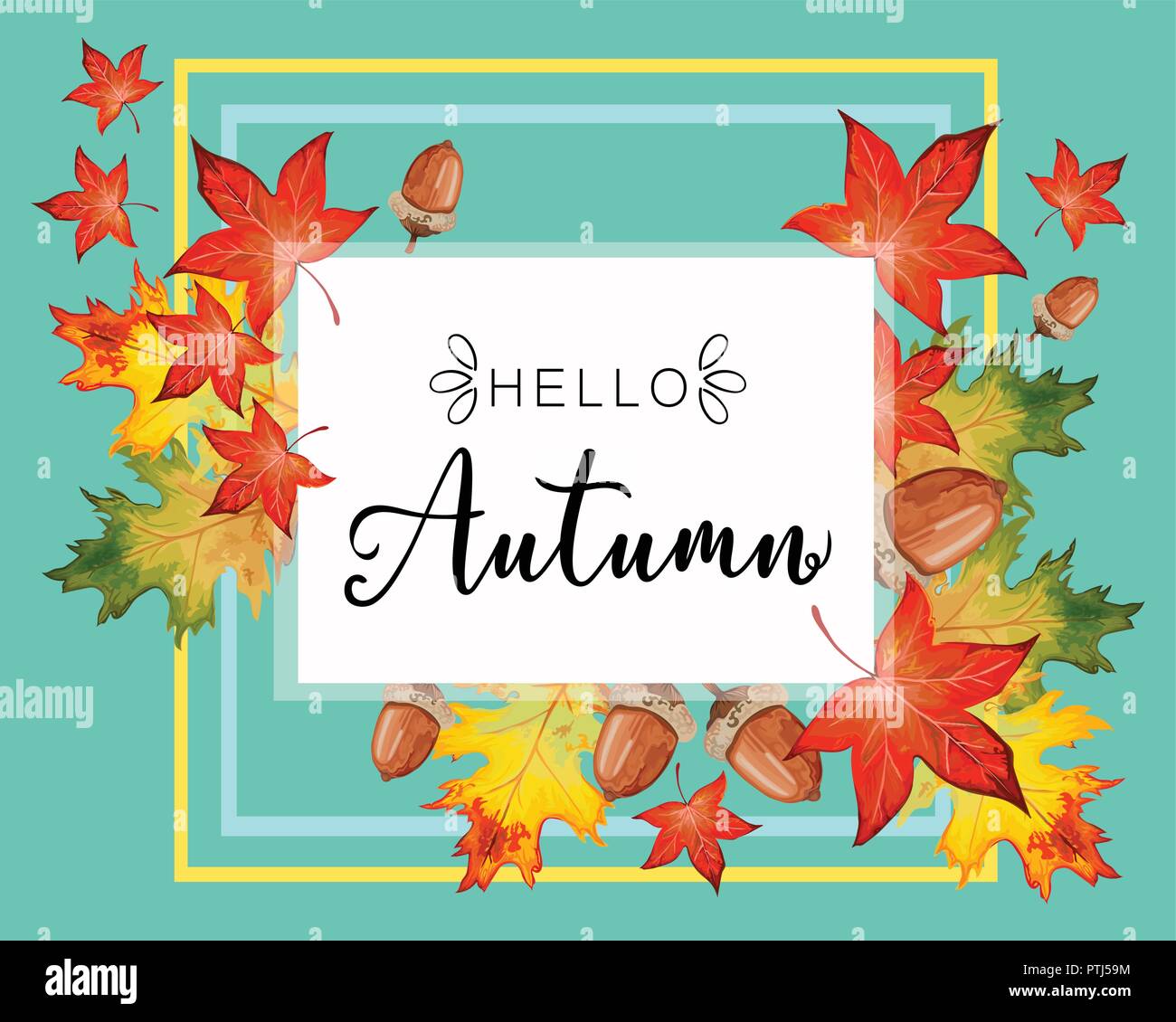 Hello Fall lettering in autumn decorative leaves frame Stock Vector ...